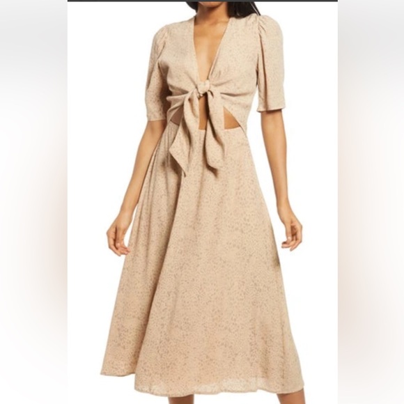Wayf | Dresses | Wayf Tan Aline Midi Dress With Puff Sleeves | Poshmark
